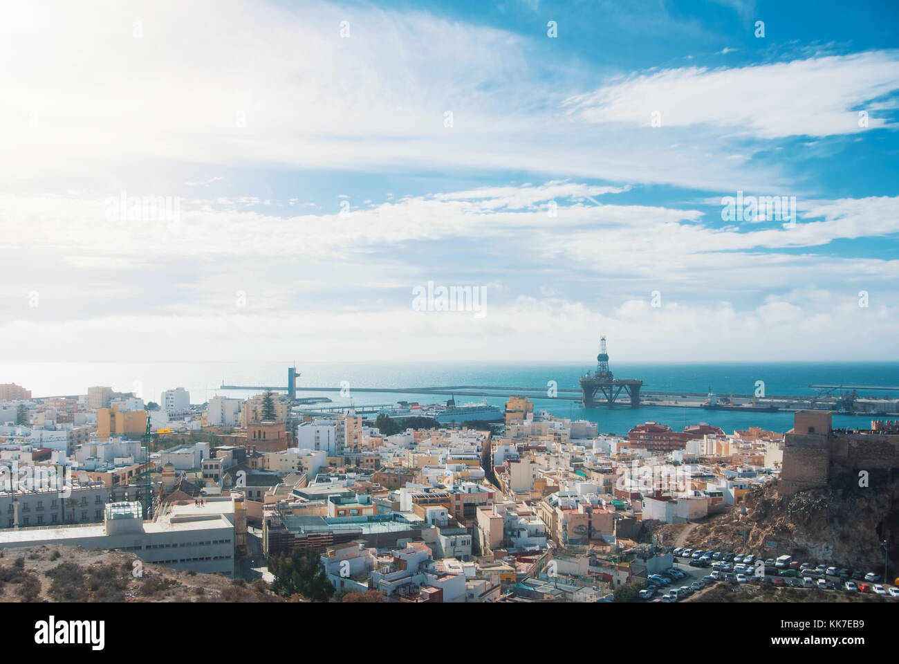 Aerial panoramic view of Almeria old town and port from the castle ...