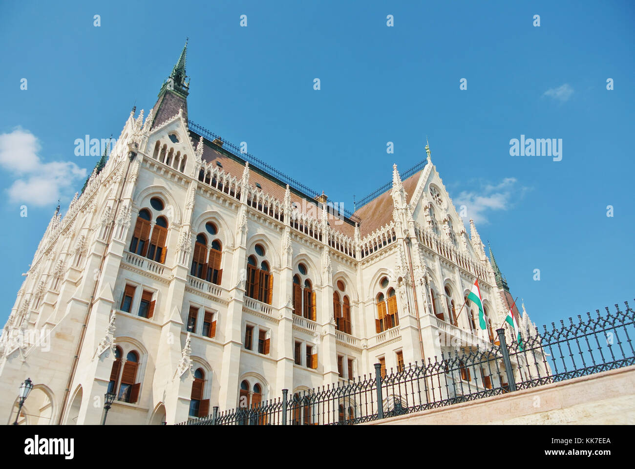 Close up view to Budapest parliament building and a beautiful blue sky ...