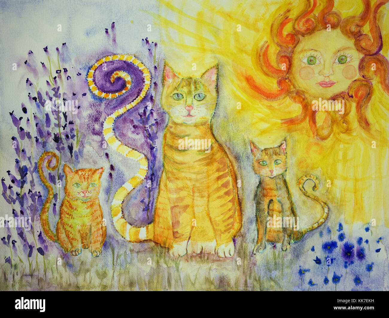 Ginger cat with two kitten on a sunny day in a lavender field. The ...