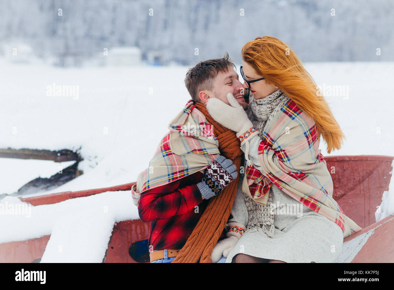 Couple Lovers Sensitive Stroking Cheek Sitting Boat Snowfall Winter ...