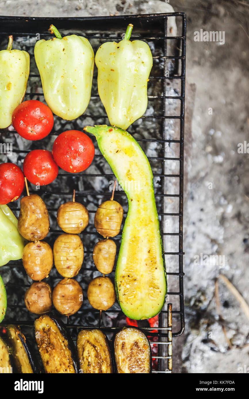 Assorted grilled vegetables.Chef cooking vegetables.top view close up ...