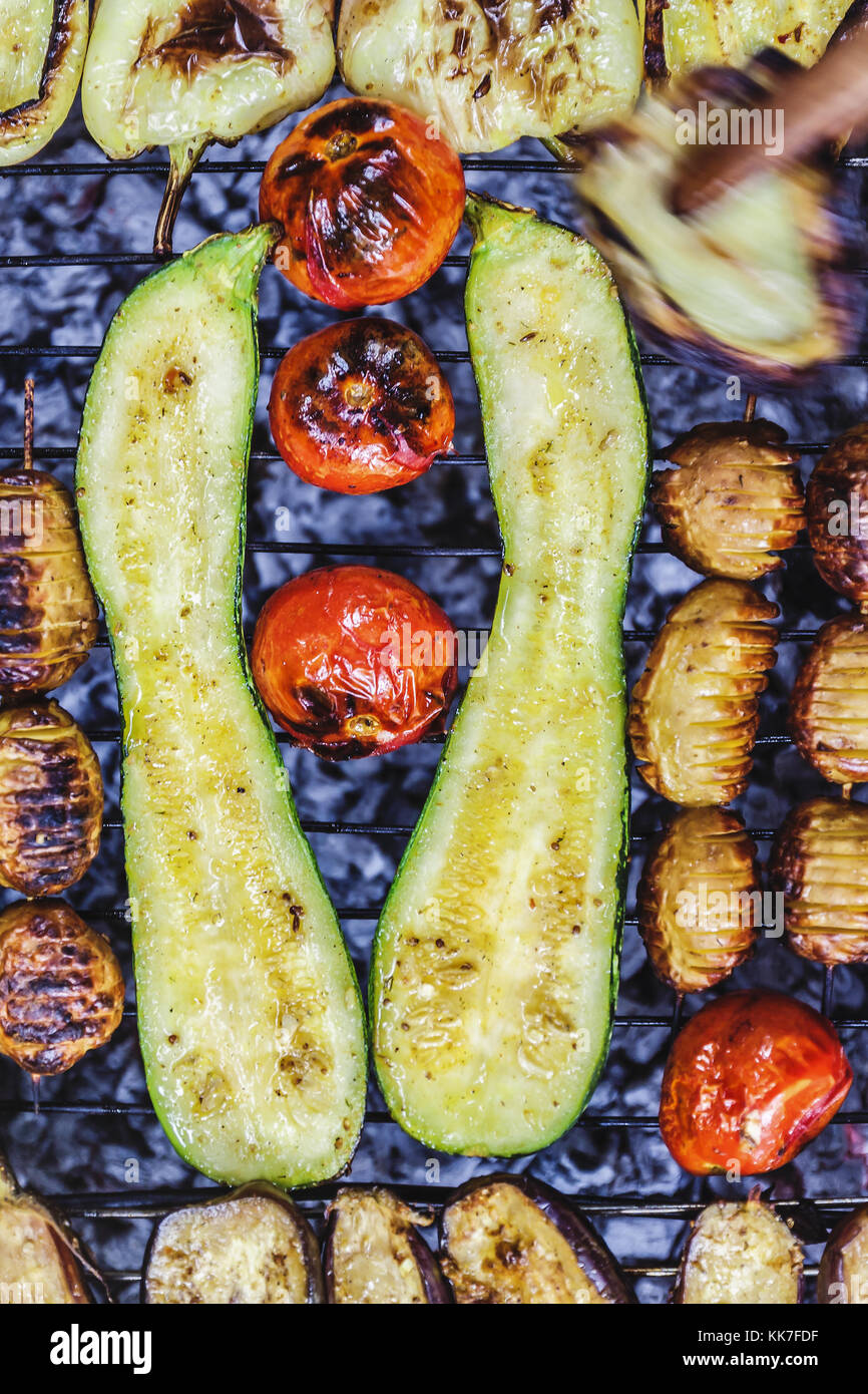Assorted grilled vegetables.Chef cooking vegetables.top view close up ...