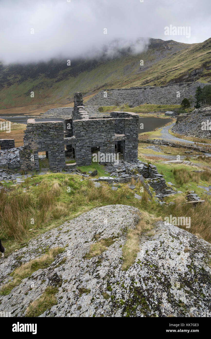 Ruins of old slate quarry buildings at Cwmorthin, Tanygrisiau, North ...