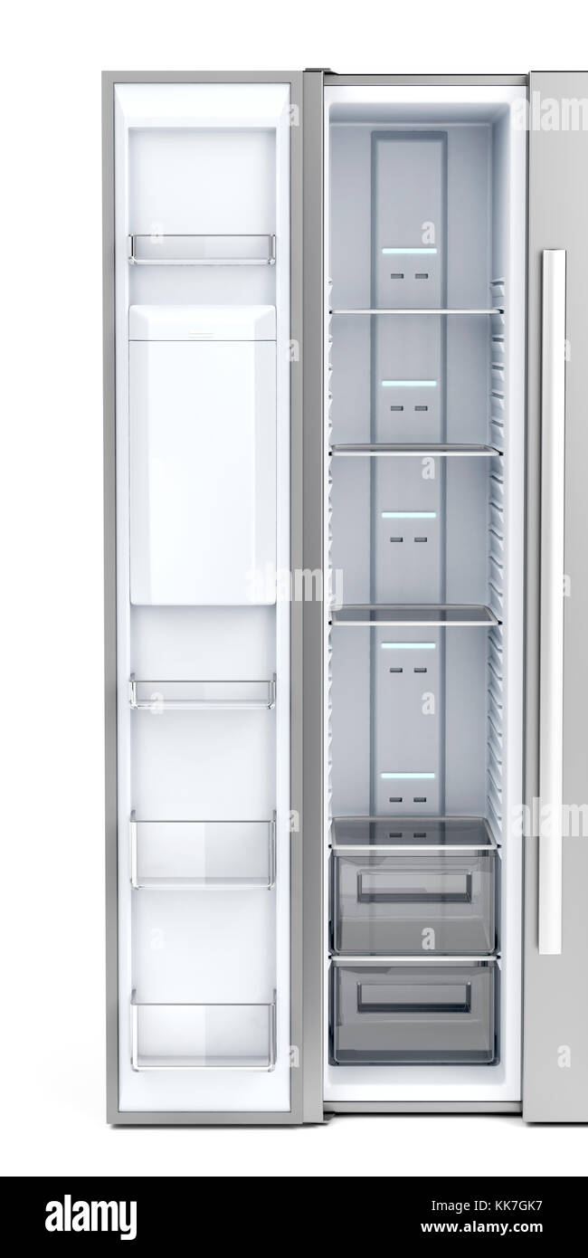 Opened door on empty side-by-side freezer, front view Stock Photo - Alamy