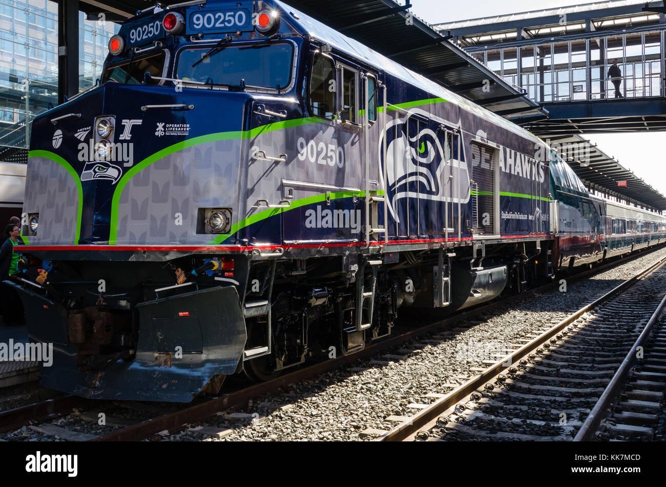 The train's design includes Seahawks logos and colors as well as Stay ...