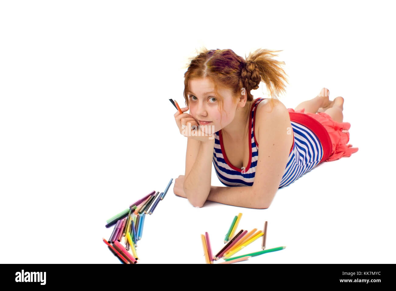 Funny artist going to draw something on absolutely white floor Stock ...