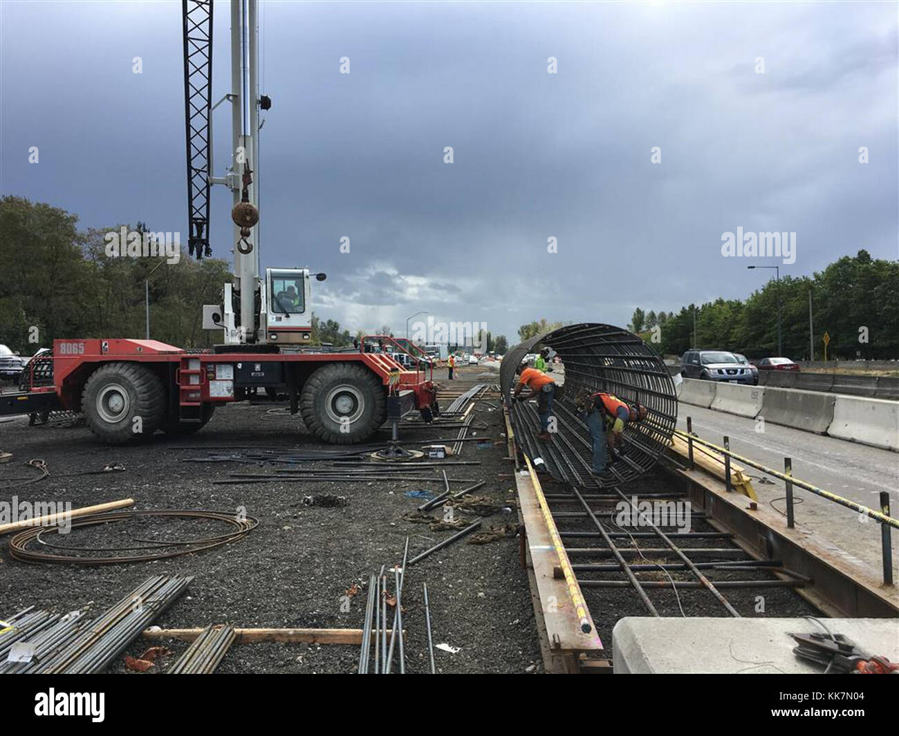 Crews tie rebars for a flyover shaft on Sept. 18, 2017 in Renton as ...