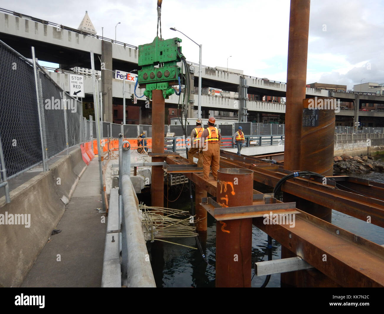October 2017: Crews use a vibratory hammer to secure the first set of ...