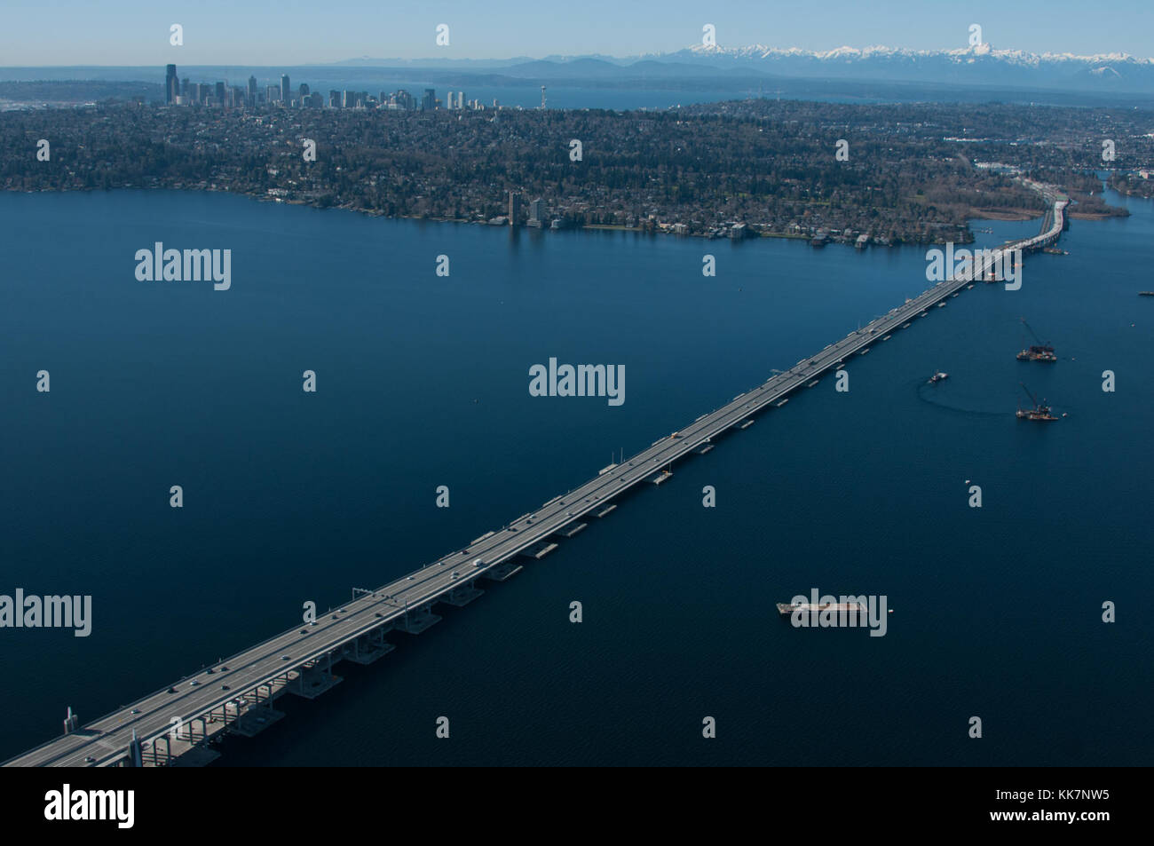 This aerial, taken on Feb. 13, shows the new SR 520 floating bridge ...