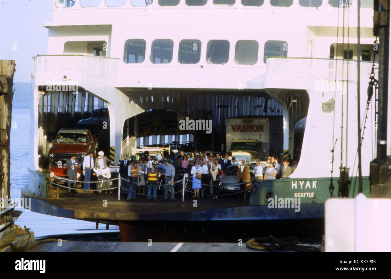 Passengers line up to disembark the M/V Hyak. MV Hyak car deck ...