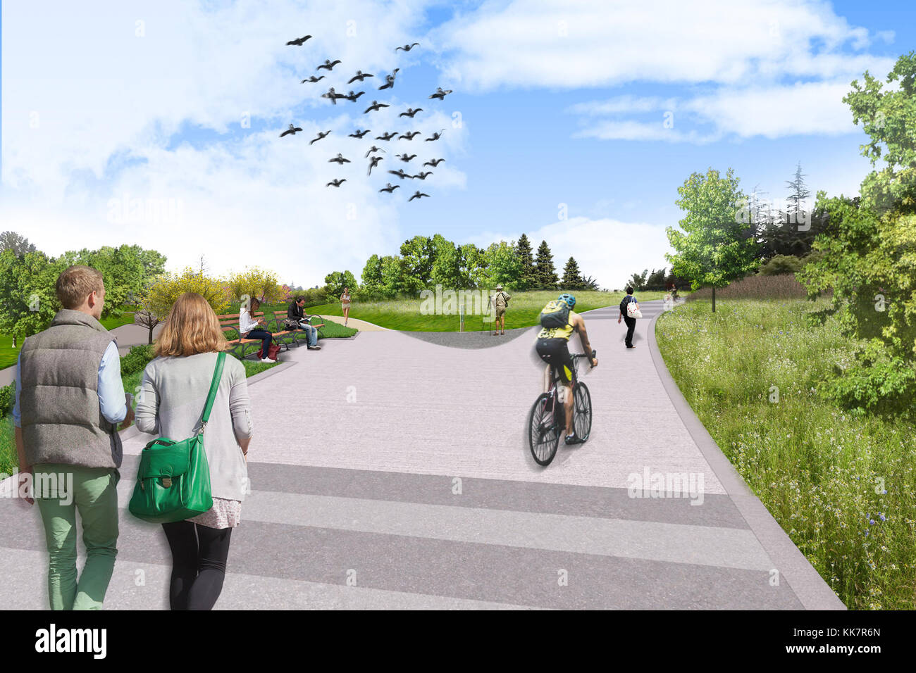 Conceptual rendering of a trail junction, looking north. Trail users ...