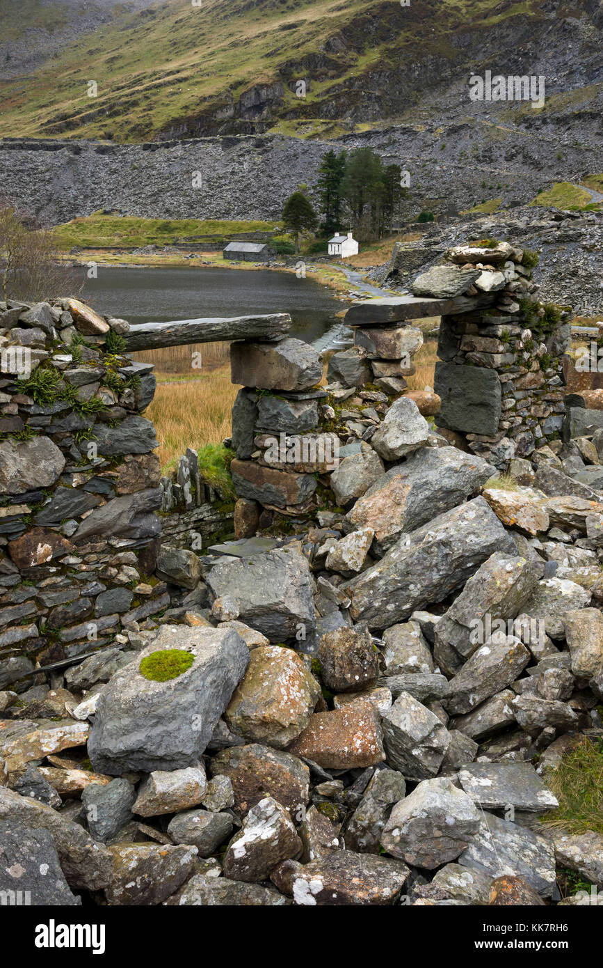 Ruins of old slate quarry buildings at Cwmorthin, Tanygrisiau, North ...
