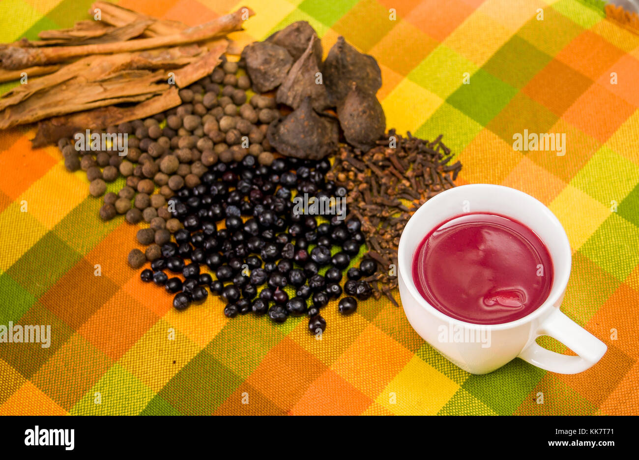Above view of traditional Ecuadorian dish, colada morada and differente ...