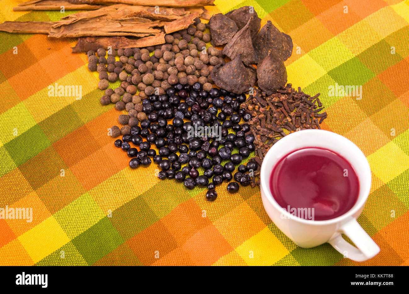 Above view of traditional Ecuadorian dish, colada morada and differente ...