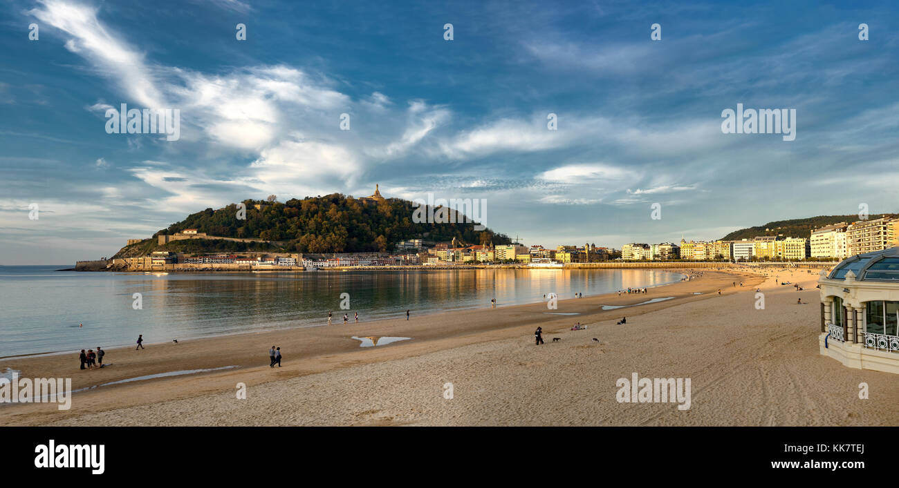 a panorama of bay of La Concha in autumn sunset. San Sebastian, Spain ...