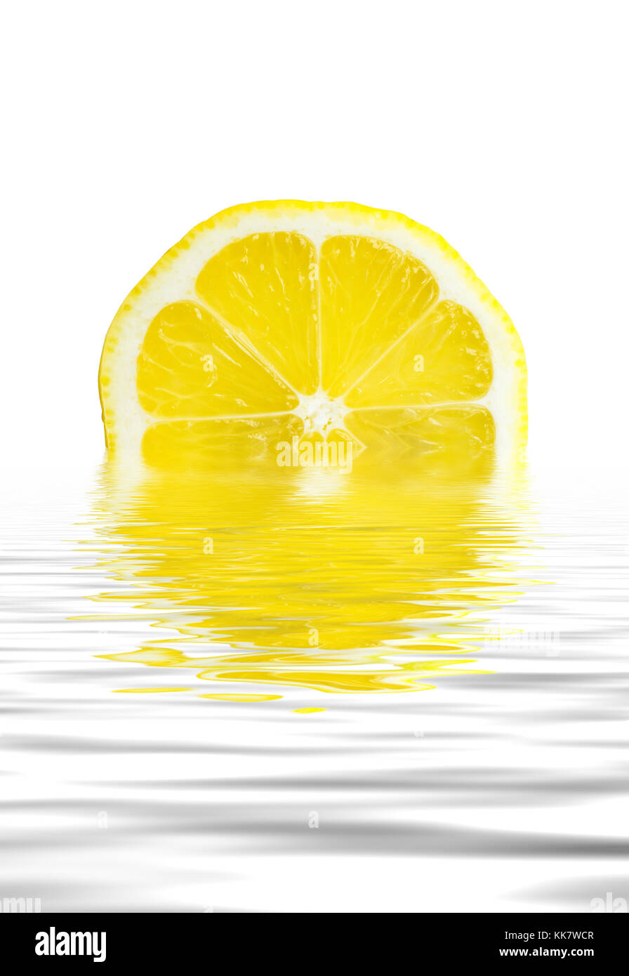 Slice of lemon reflected in water isolated on white background Stock ...