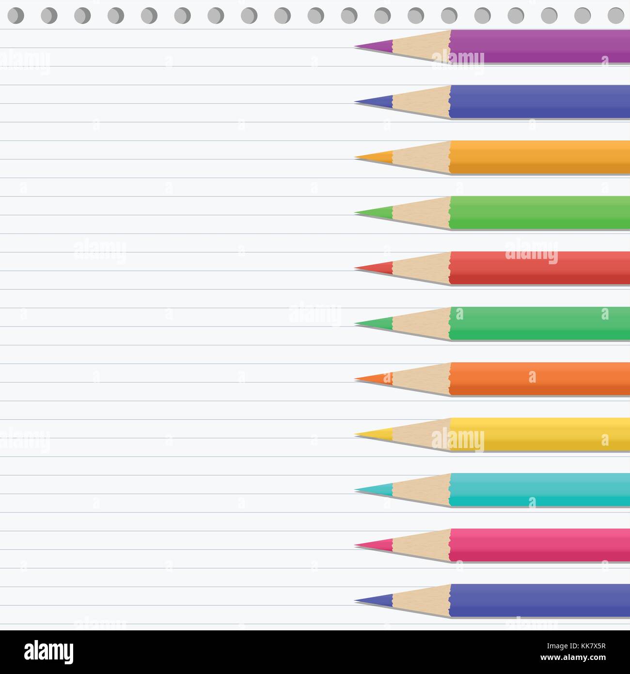 White squared notebook paper with colorful pencils on right for text or ...