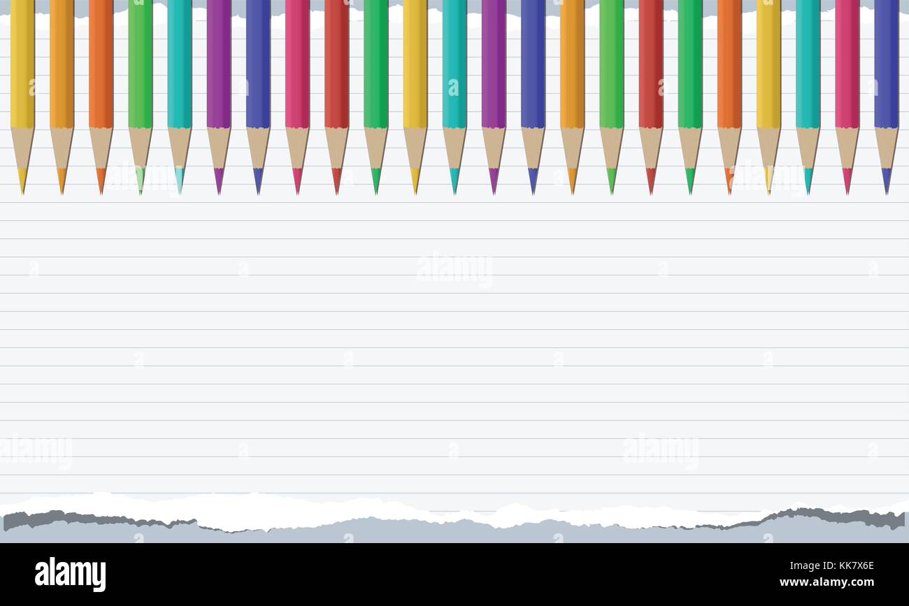 Ripped white horizontal lined notebook paper with colorful pencils ...