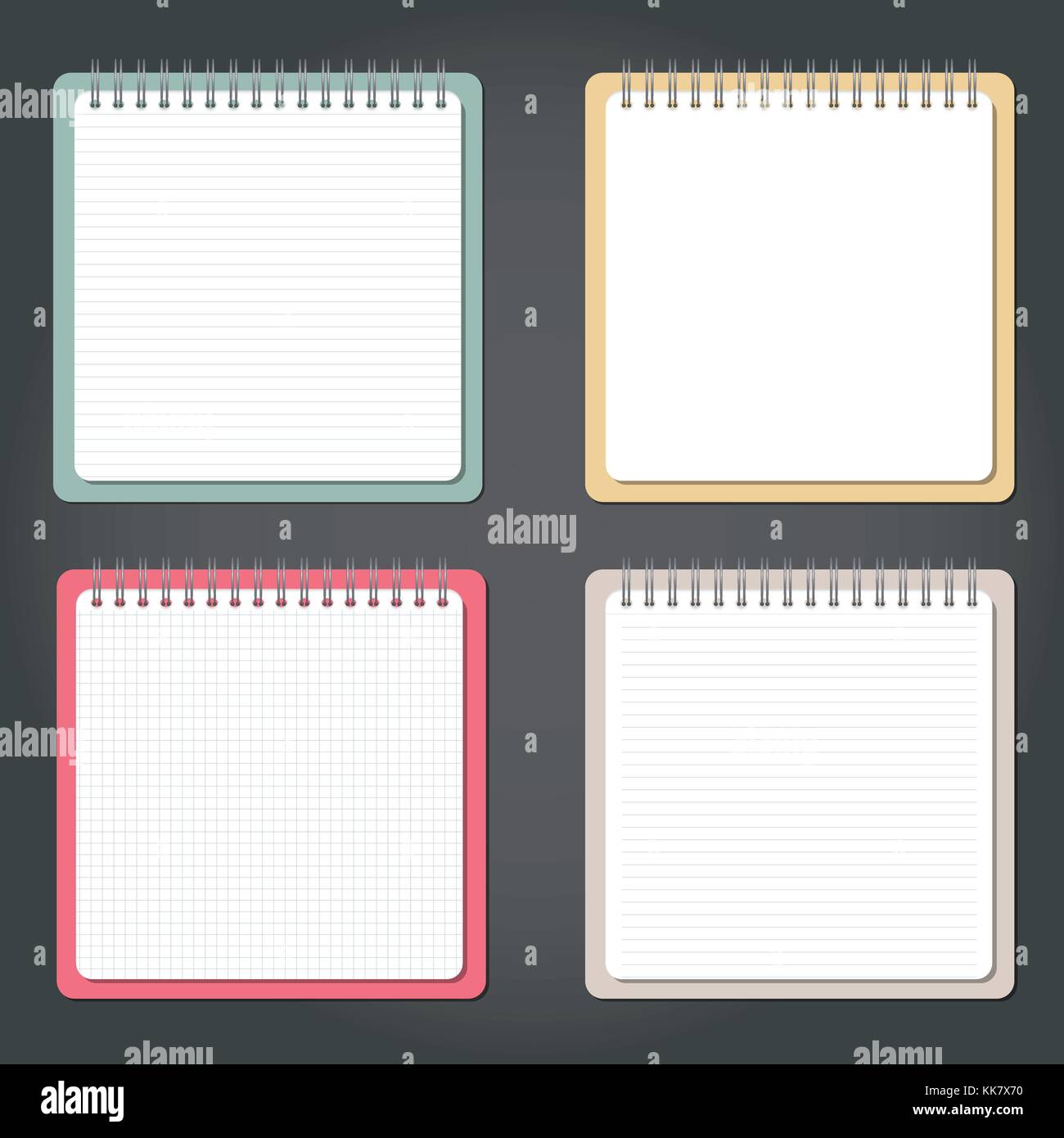 White lined, squared notebook, note paper sheets on black background ...