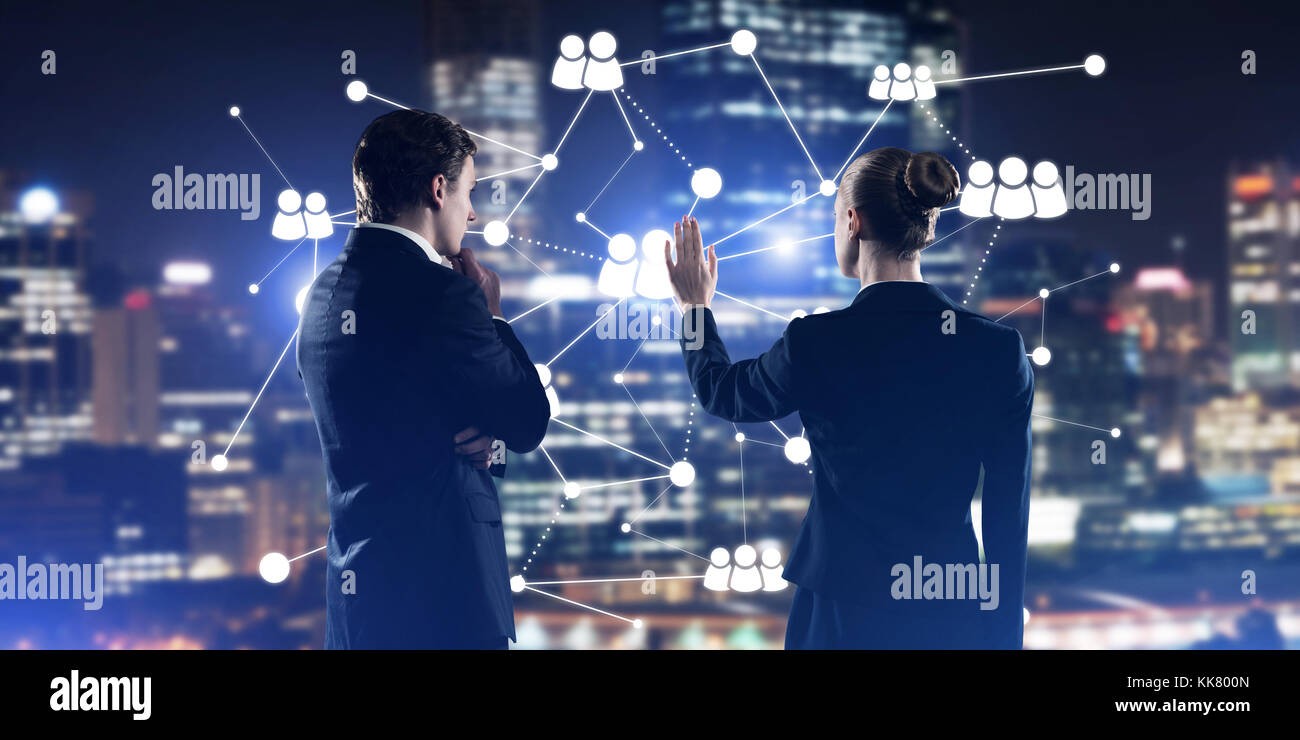 Concept of social connection and networking against night city view and ...