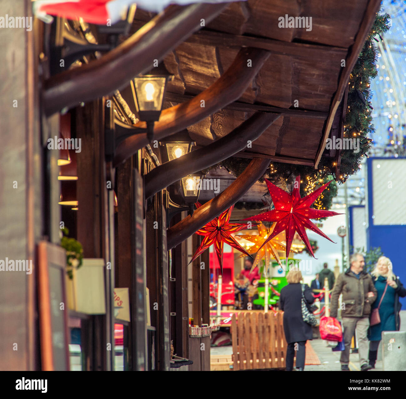 Christmas market with colorful lanterns Stock Photo - Alamy