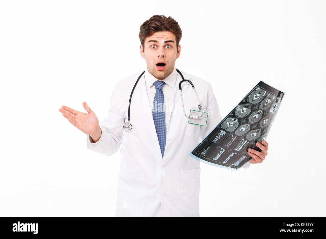 Portrait of a confused frustrated young male doctor with stethoscope ...