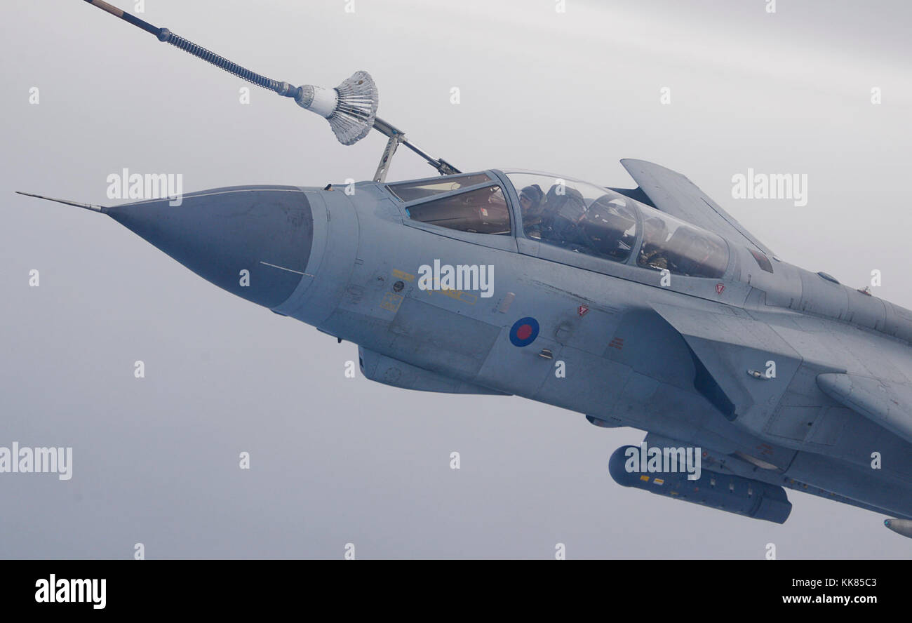 A Royal Air Force Tornado GR4 receives fuel from an RAF A330 Voyager ...