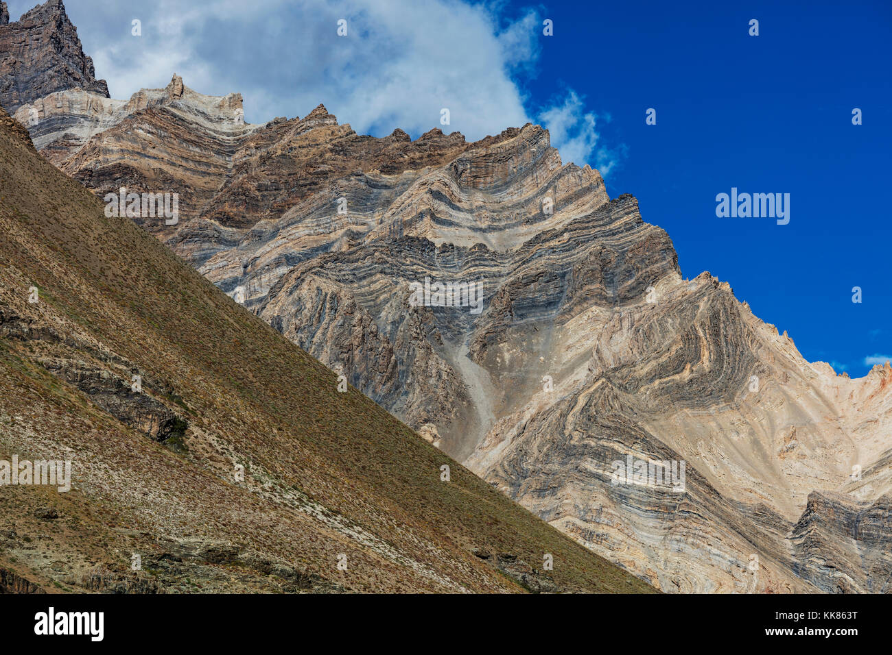 Himalayan peak with sedimentary rock formations in the Suru River ...