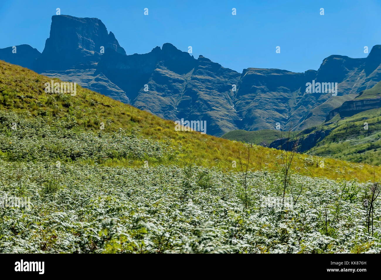 Big rocks and source of Thukela river in Drakensberg mountain, South ...