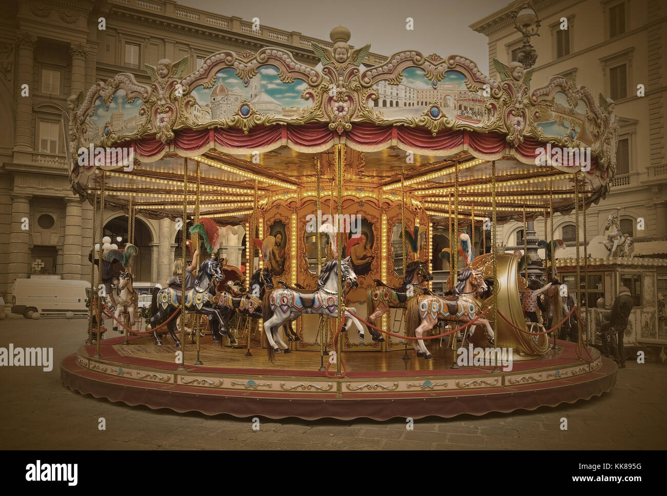 Old-style carousel in Florence, Italy. Vintage style image Stock Photo ...