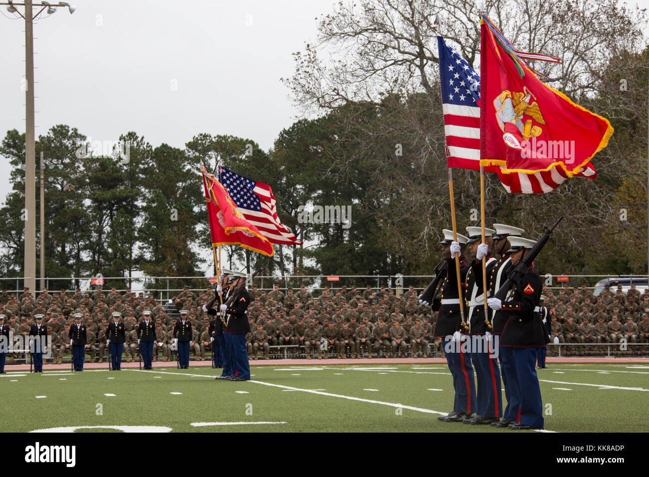 U.S. Marines with color guards from various units display the colors ...