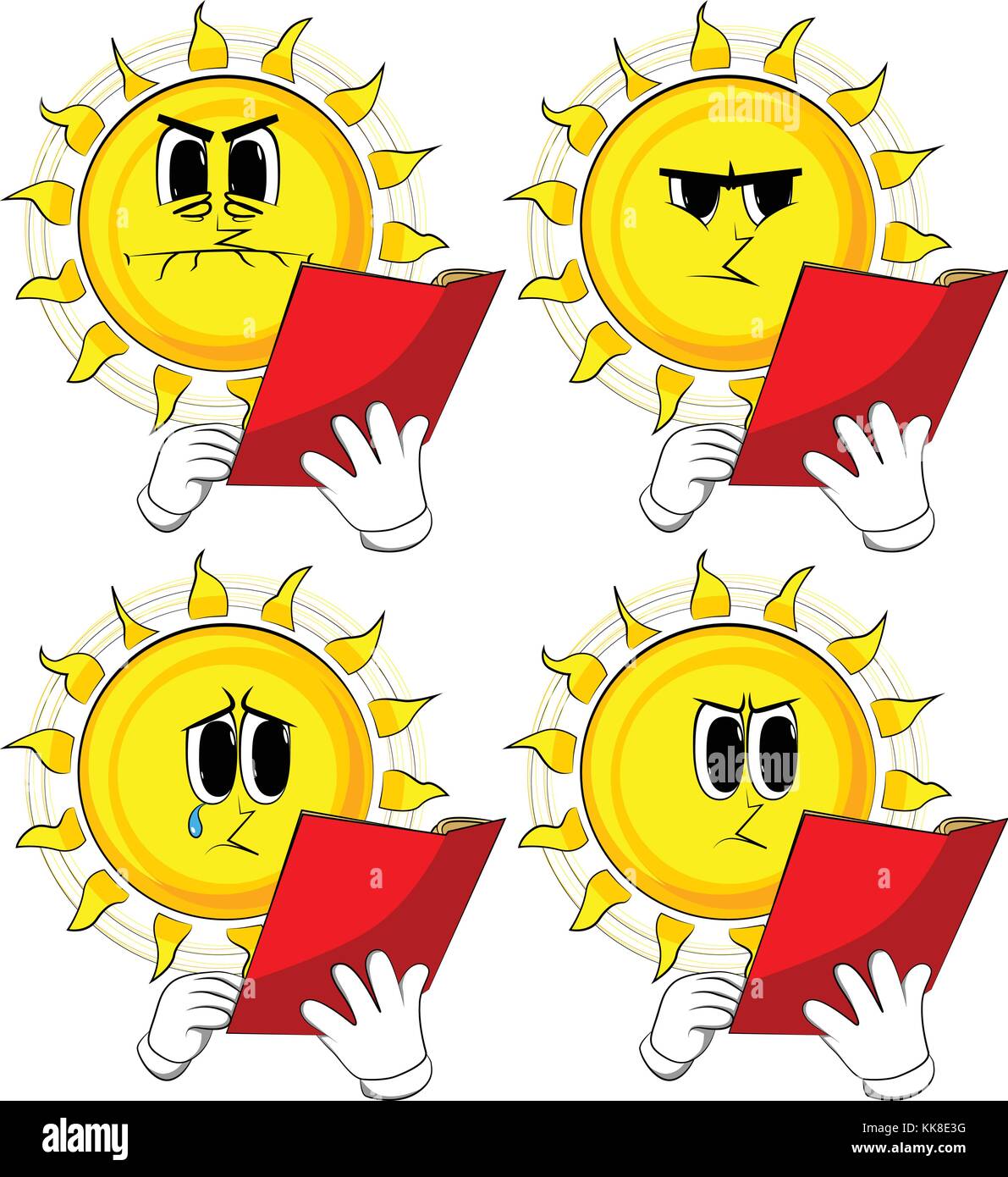 Cartoon sun reading a red book. Collection with sad faces. Expressions ...
