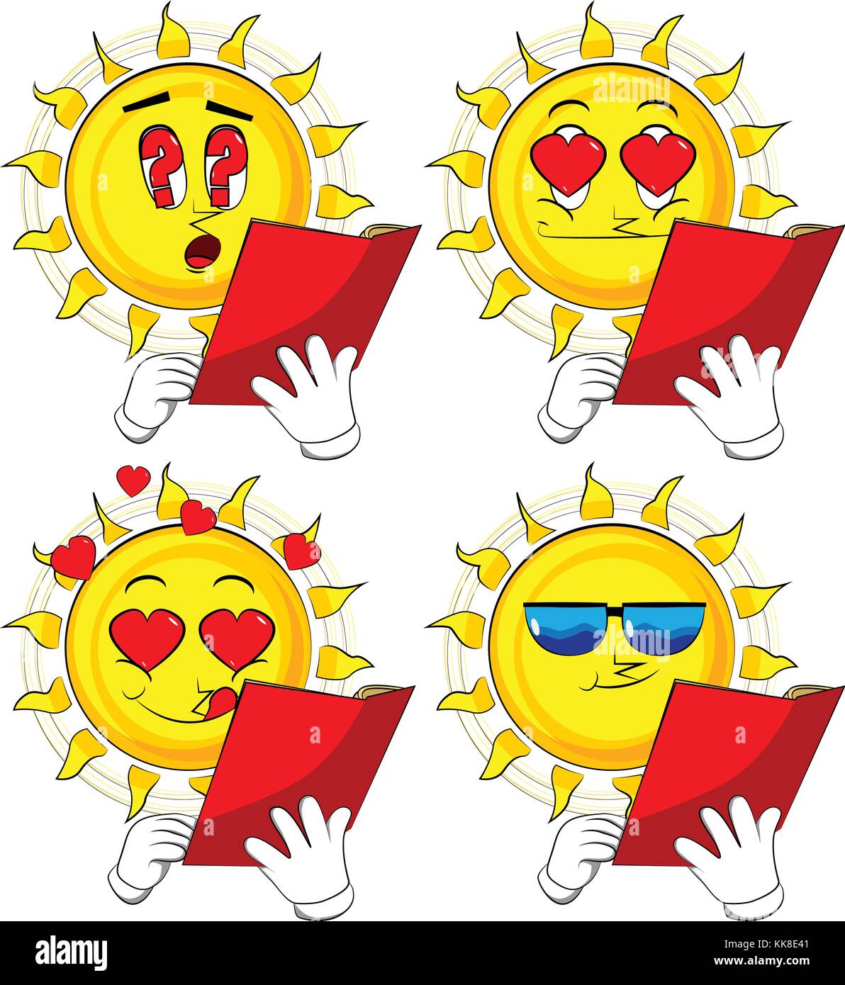 Cartoon sun reading a red book. Collection with various facial ...