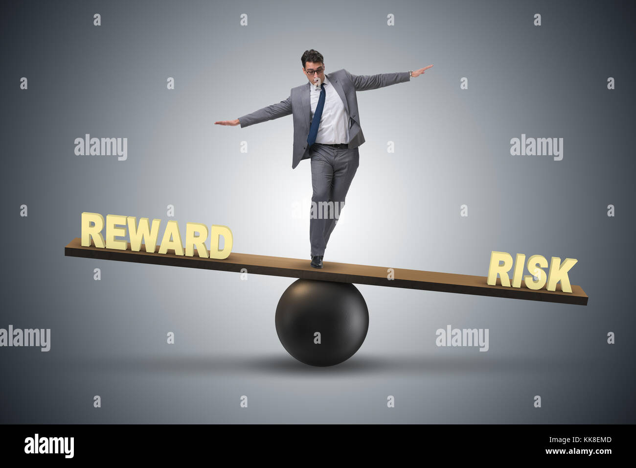 Businessman balancing between reward and risk business concept Stock ...