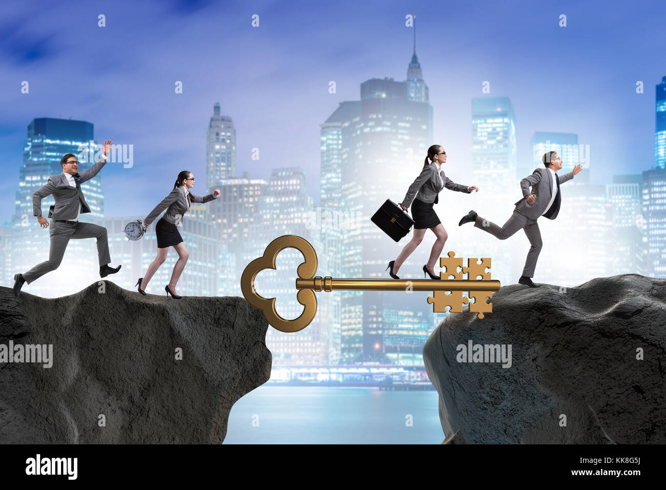 Business people chasing each other towards key to success Stock Photo ...