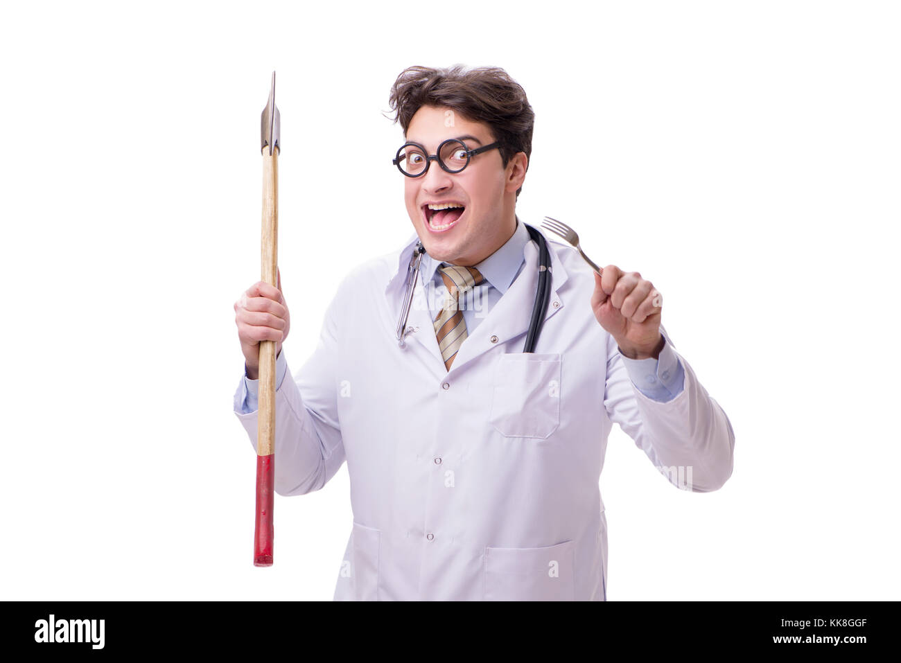 Funny doctor with axe isolated on white Stock Photo - Alamy