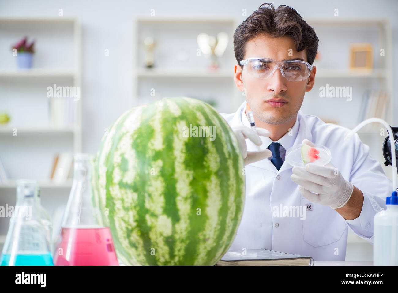 Scientist testing watermelon in lab Stock Photo - Alamy