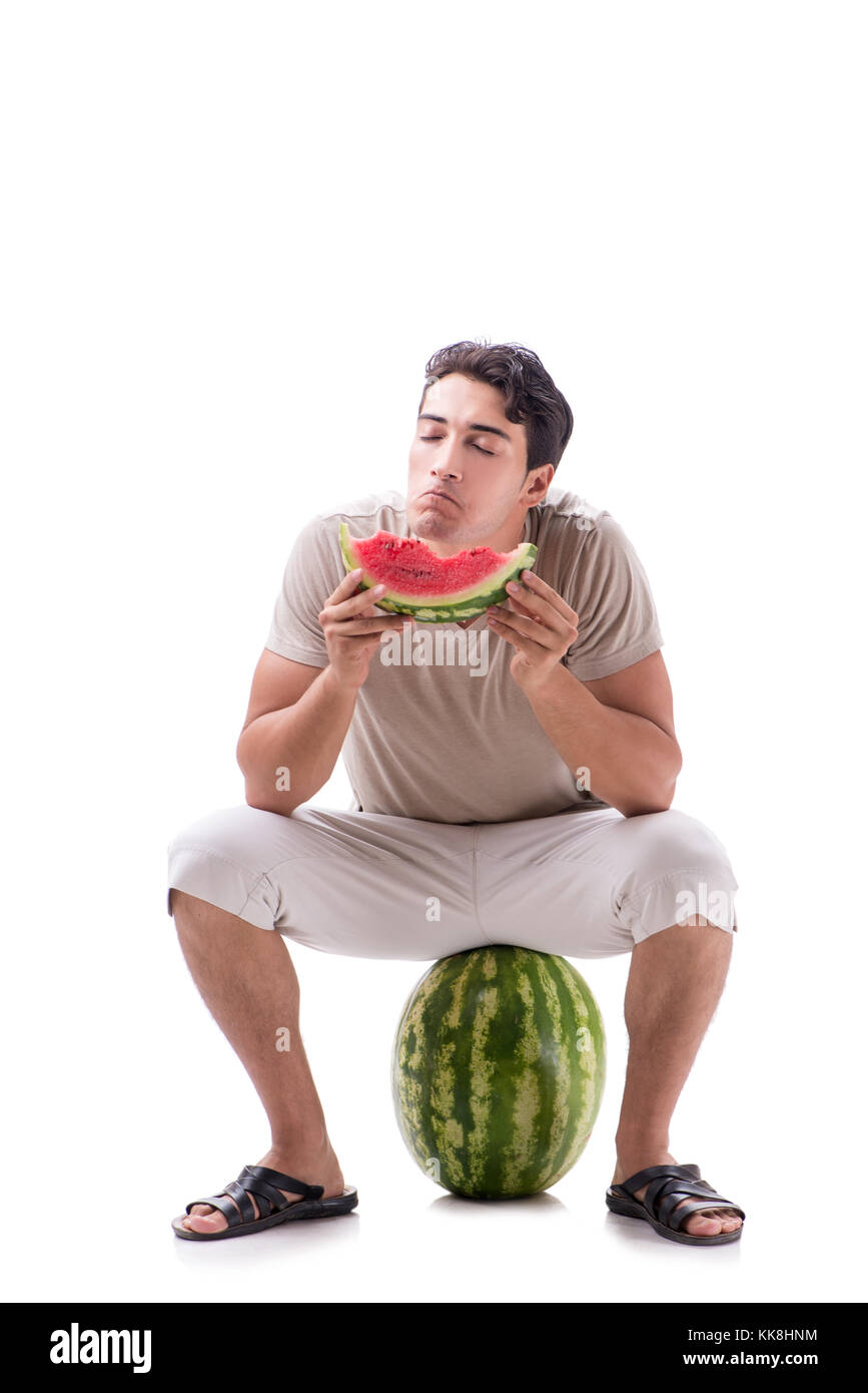 Young man with watermelon isolated on white Stock Photo - Alamy
