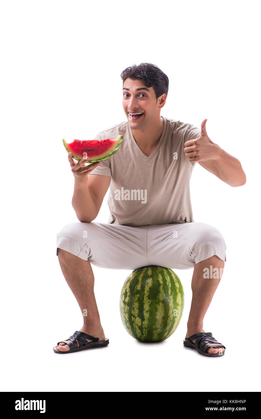 Young man with watermelon isolated on white Stock Photo - Alamy