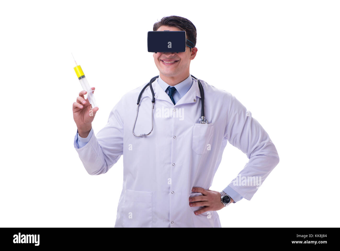Doctor wearing a vr virtual reality headset isolated on white ...