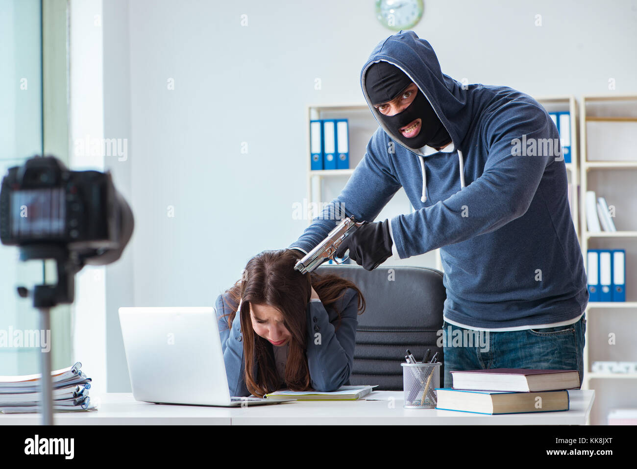 Criminal recording message for ransom with victim businesswoman Stock ...