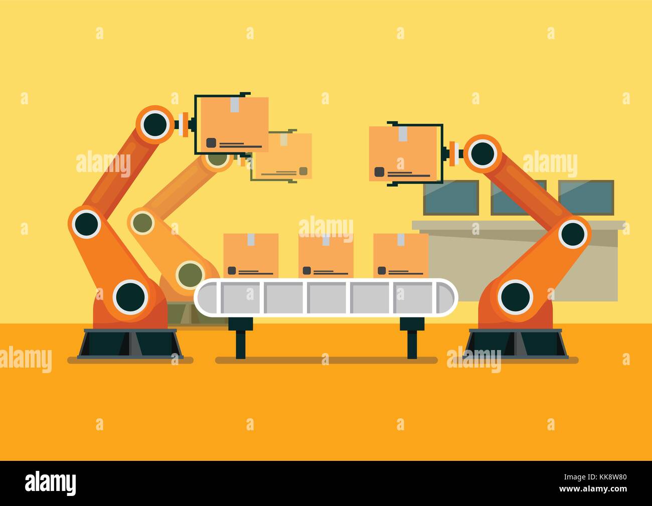 Bussinessman using tablet to control automation robot arm machine in ...