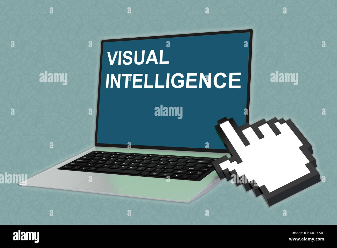 3D illustration of "VISUAL INTELLIGENCE" script with pointing hand icon ...