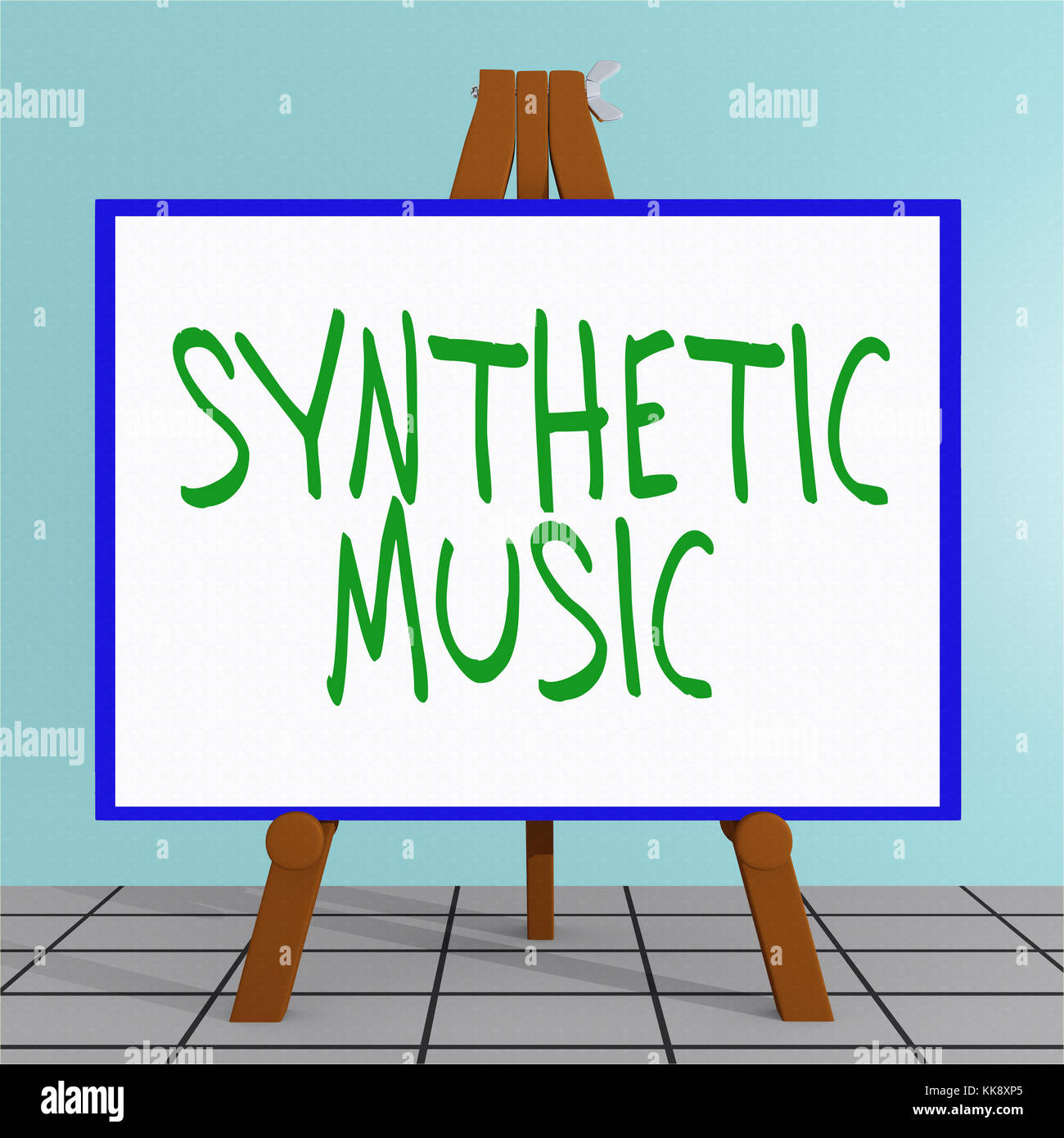 3D illustration of "SYNTHETIC MUSIC" title on a tripod display board ...