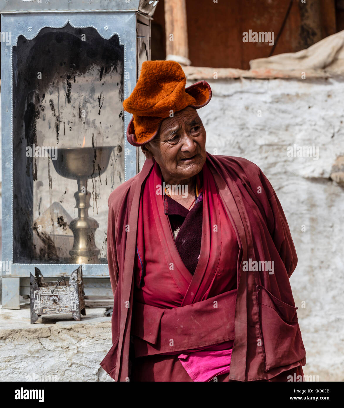 A Tibetan Buddhist monk with a typical hat at the RANGDUM MONASTERY ...