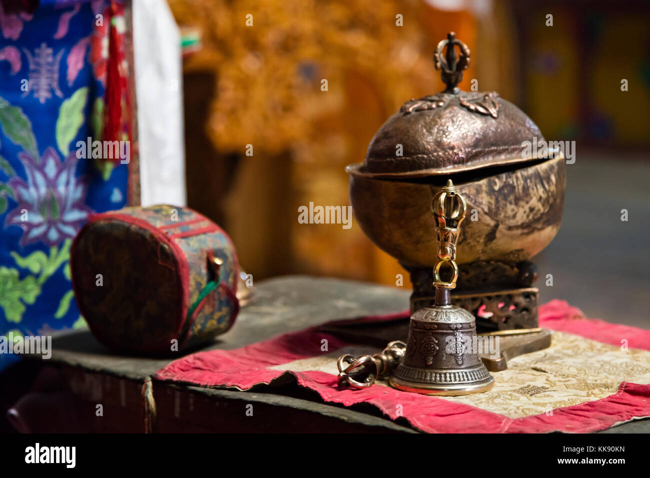 BELL, DORJE and HUMAN SKULL TEA CUP inside the RANGDUM MONASTERY ...
