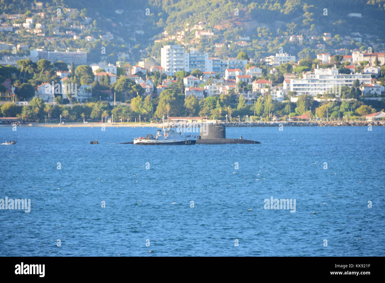 French naval submarine near naval base in Toulon, France in portrait ...