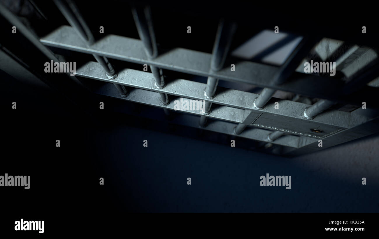 A closeup of the locking mechanism of an open jail cell with welded ...