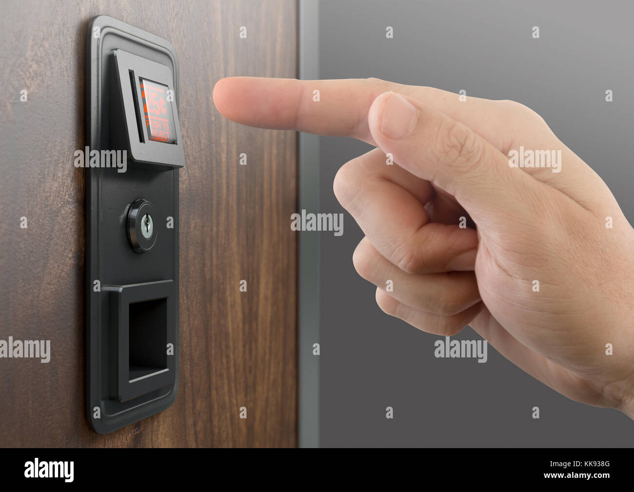 A male finger ready to push the button of a coin receptacle slot panel ...