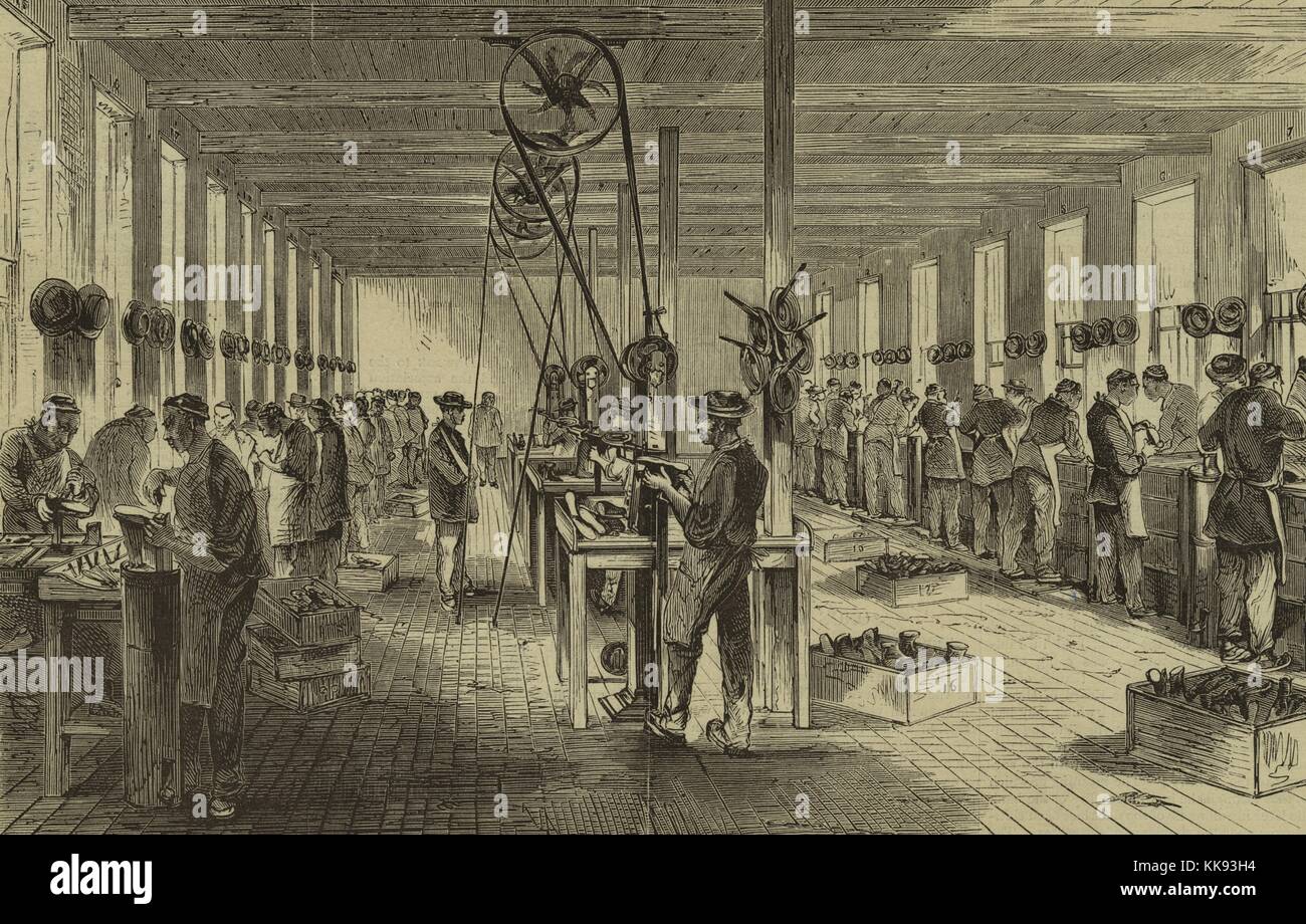 Engraved illustration depicting the interior of Calvin T Sampson's shoe ...